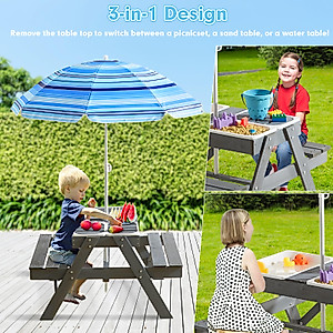 Beright 3-in-1 Kids Picnic Table, Play Sand and Water Sensory Table with Height Adjustable Umbrella & Removable Tabletop, Kids Wooden Outdoor Table, with 3 Storage Bins, Upgraded