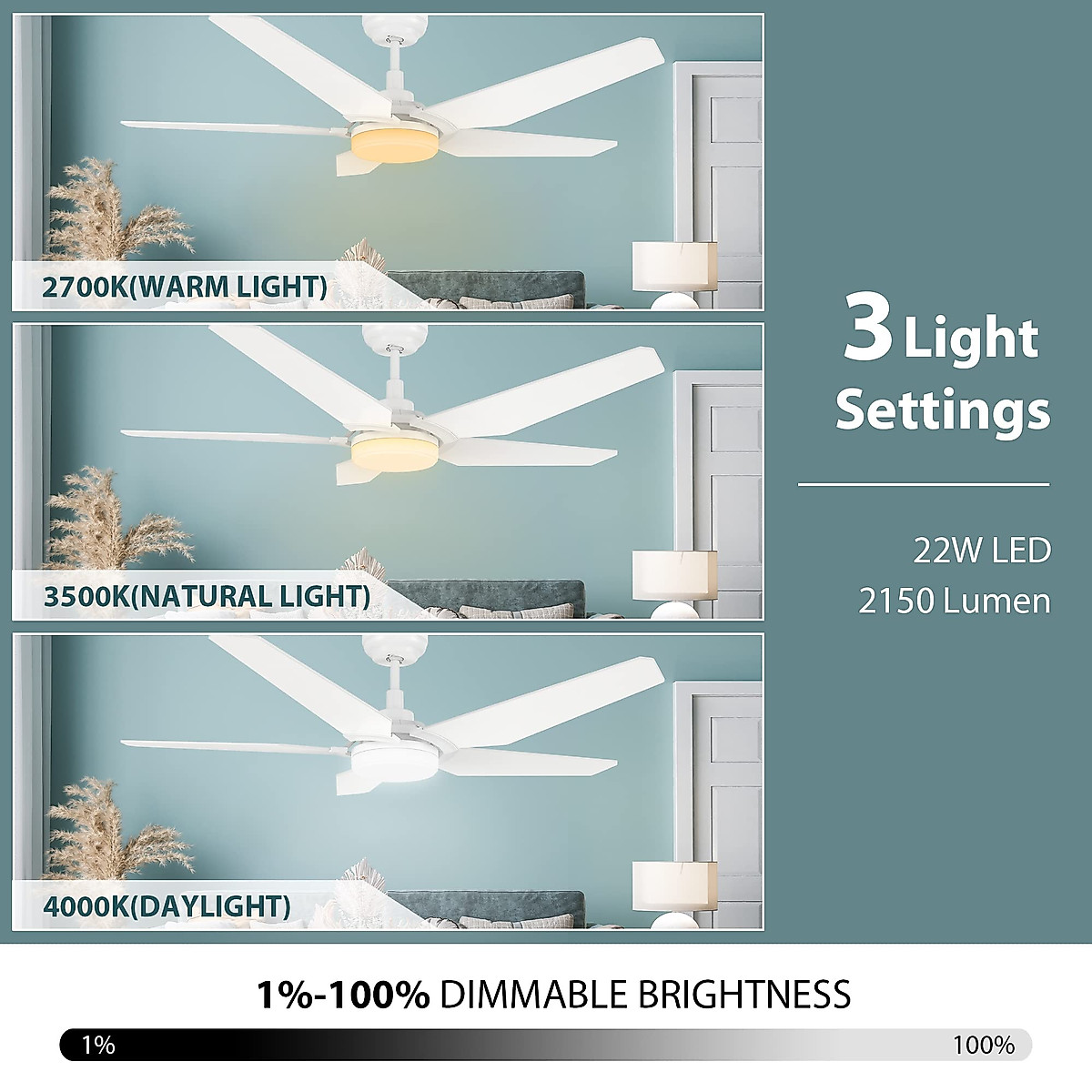 SMAAIR 52 inch Smart Ceiling Fan with Light, 5 Blades Low Profile Ceiling Fan with 10 speed DC Motor and Dimmable LED Light, works with APP/Alexa/Google Assistant/Siri Shortcuts (White)