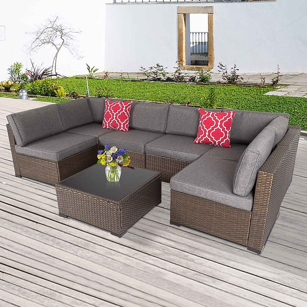 JSUN7 7 Pieces Patio Couch Outdoor Furniture Sets PE Golden Brown Rattan Sectional Conversation Sofa Set Washable Cushions with Glass Coffee Table(Dark Gray)