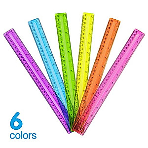 ZZTX 6 Pack Color Transparent Ruler Plastic Rulers, Metric Bulk Rulers with Inches and Centimeters, Kids Ruler for School, Home, Office, 12 Inches