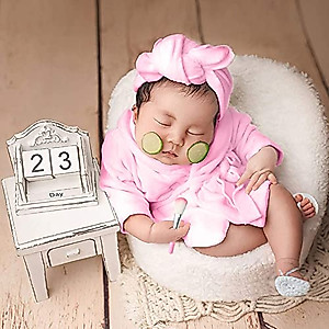 SPOKKI Newborn Photography Props 7 PCS Newborn Girl Photoshoot Outfits Babies Robe Props with Bath Towel Slippers Cucumber Curler Hat Makeup Brush for Infant Boys Girls