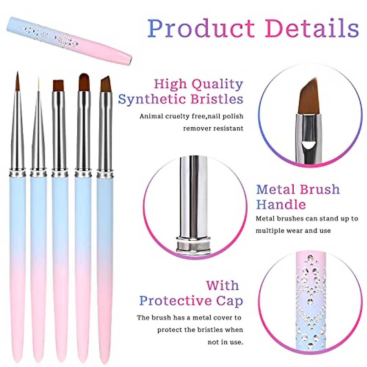 5Pcs Nail Polish Clean Up Brush Set, Manicure Nail Art Polish Remover Brush with Nail Liner Brush Professional Nail Detail Brush Nail Painting Tool for Nail Art Design & Polish Mistake Cleaning