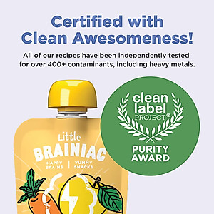 Little Brainiac Organic Fruit & Veggie Toddler Pouches, Apple, Carrot, Banana Puree with Omega-3s DHA/EPA and Choline, Clean Label, BPA-Free, Non-GMO, 3.5 oz, Pack of 12