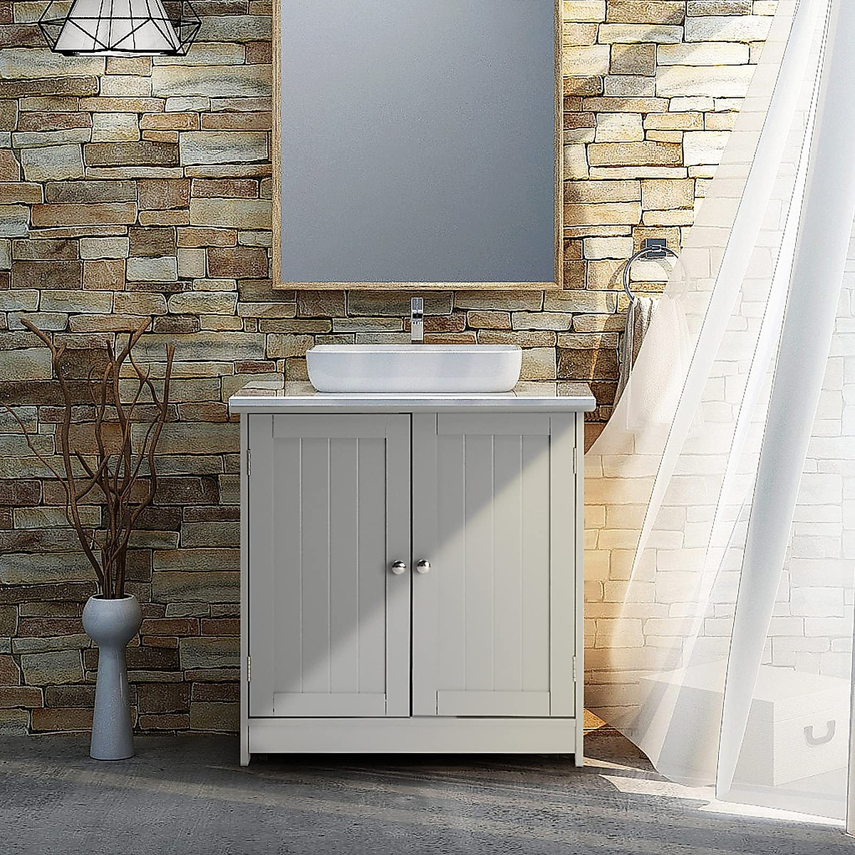 VINGLI Under Sink Bathroom Cabinet Pedestal Sink Free Standing Storage Cabinet Organizer with with 2 Doors Adjustable Shelf Modern Grey Small Bath Sink Cabinet Space Saver 23.6" x 11.8"x 23.6"