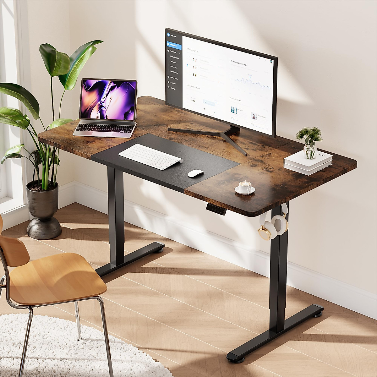 WOKA Electric Height Adjustable Electric Standing Desk, 55 x 28 Inch Sit Stand Desk with Memory Controllers, Stand up Desk for Home Office, Rustic Brown and Black Tabletop