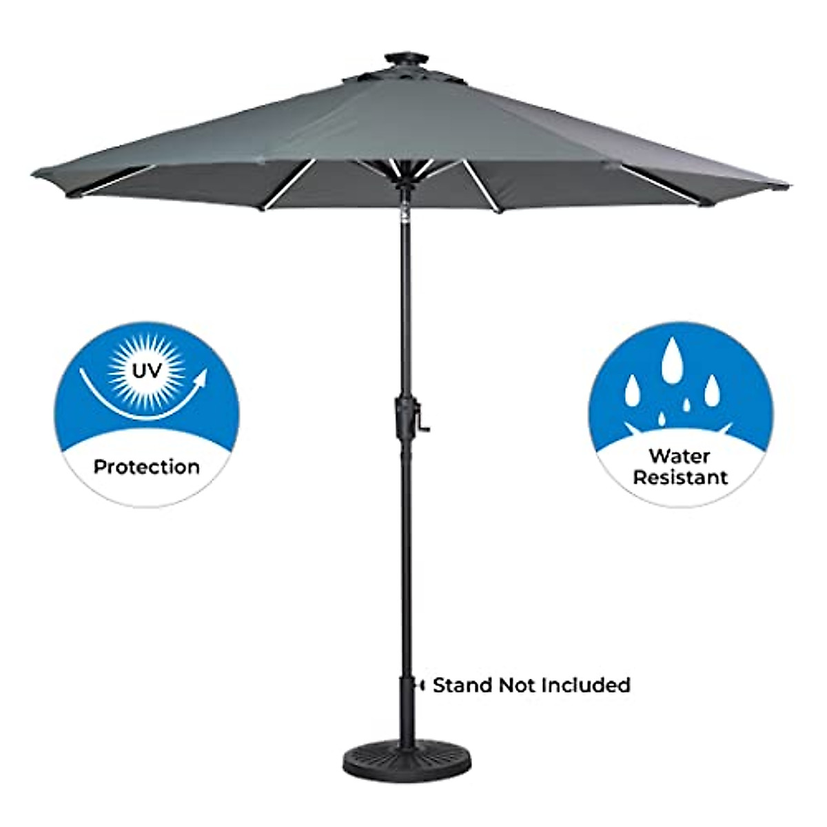 Sun-Ray 811028G 9' Round 8-Rib Next Gen Solar Lighted Patio Umbrella 32 LED Lights, Crank and Tilt, Aluminum Frame, Grey