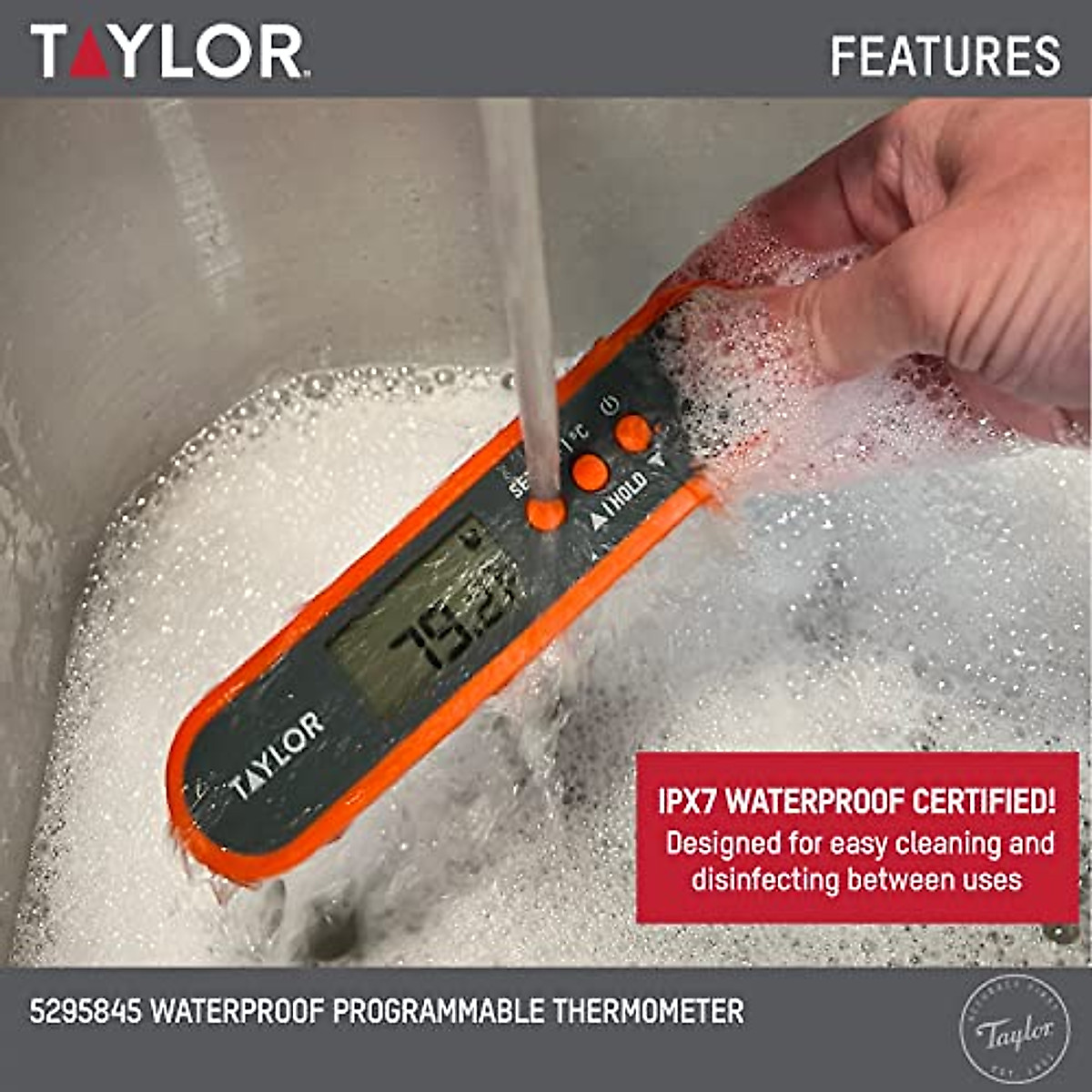 Taylor Digital Waterproof Food Meat and Candy Thermometer, with a Folding Probe, programmable presets, Backlit Display, andIncludes 2 AAA Batteries