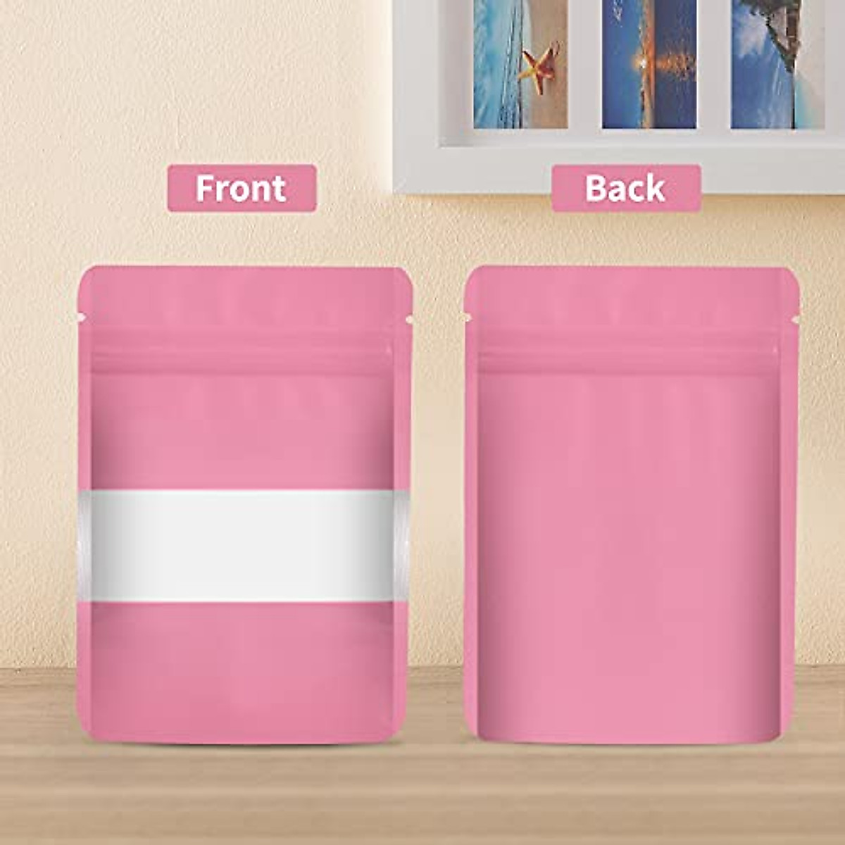 100 Pieces Smell Proof Mylar Bags, Resealable Food Storage Bags with Clear Window, Foil Pouch Stand-up Bags for Food Self Sealing Storage Supplies (Pink, 3.5 x 5 Inch)