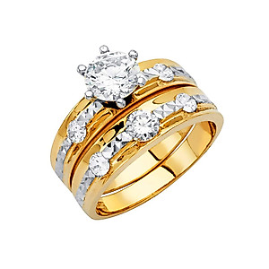 Sonia Jewels 14k Yellow Gold Cubic Zirconia CZ Wedding Band and Engagement Bridal Ring Two Piece Set Size 5