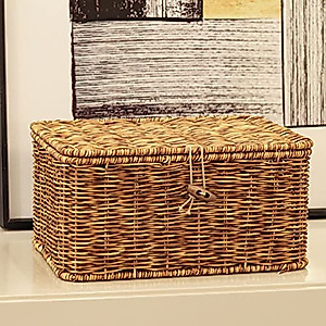 Zerodeko Wicker Storage Basket Rattan Storage Basket with Lid Rectangular Makeup Organizer Container Woven Shelf Baskets Wicker Storage Bins for Organizing Groceries Closet Laundry Room