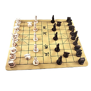 Traditional Chinese Xiangqi Portable Chess Set,Travel Board Game Set with Resin Chess Pieces and Leather Chessboard