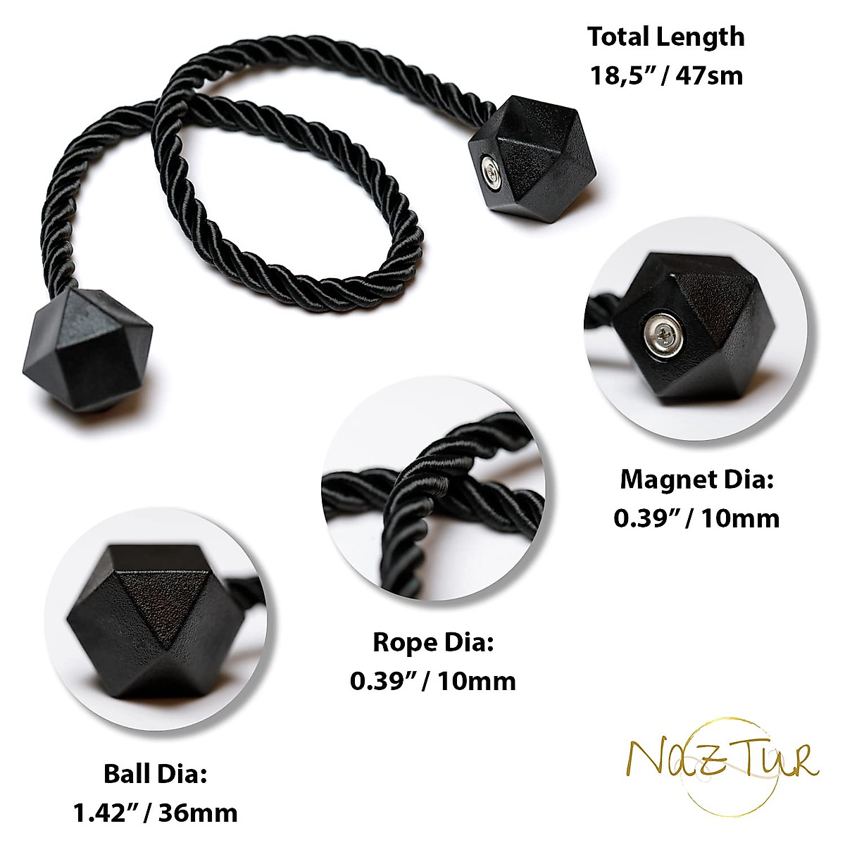 NazTur Magnetic Curtain Tiebacks- Upgrade 2022 with a Thicker Twist Rope & Strong Magnet Tieback Window Treatment Holdbacks Draperies Holders Decorative Drape Handmade Tie Back (Black, 4)