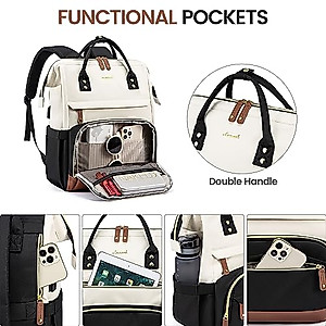 LOVEVOOK Laptop Backpack Purse for Women, Nurse Work Business Travel Backpack Bag, Wide Open Backpack, Lightweight Water Resistent Daypack with USB Charging Port, 15.6 inch, Beige-Black-Brown