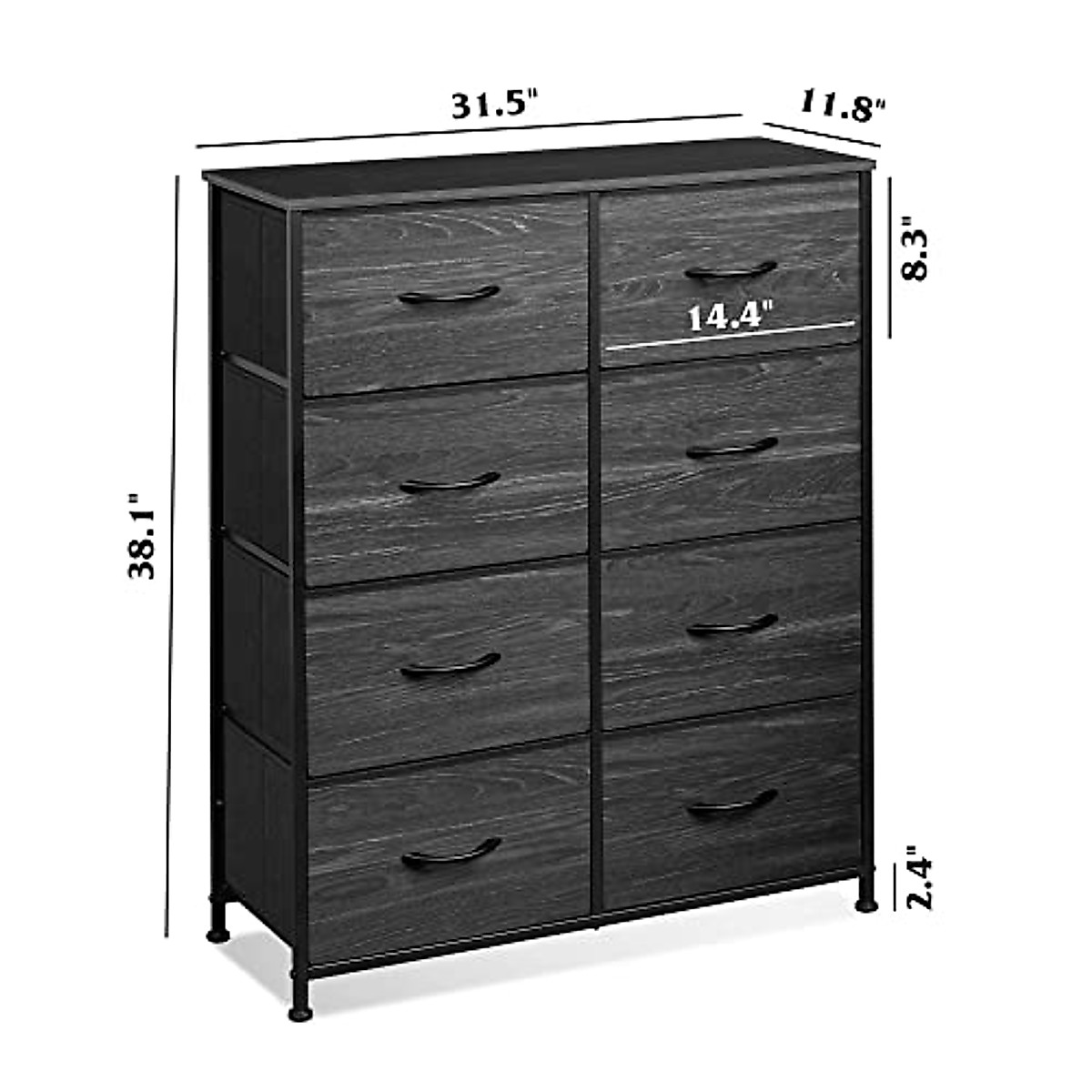 WLIVE Fabric Dresser for Bedroom, Tall Dresser with 8 Drawers, Storage Tower with Fabric Bins, Double Dresser, Chest of Drawers for Closet, Living Room, Dormitory, Charcoal Black Wood Grain Print