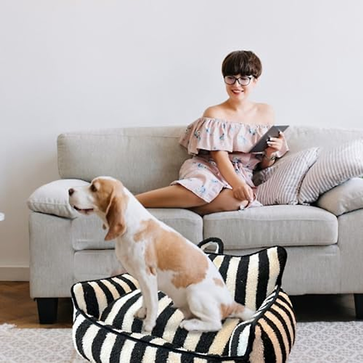 Naisicore Dog Bed, 26.8x20.5inch Plush Striped Thermal Dog Beds with Lifting Handle, Washable Cat Beds for Small Medium Dogs Cats (Black+White)