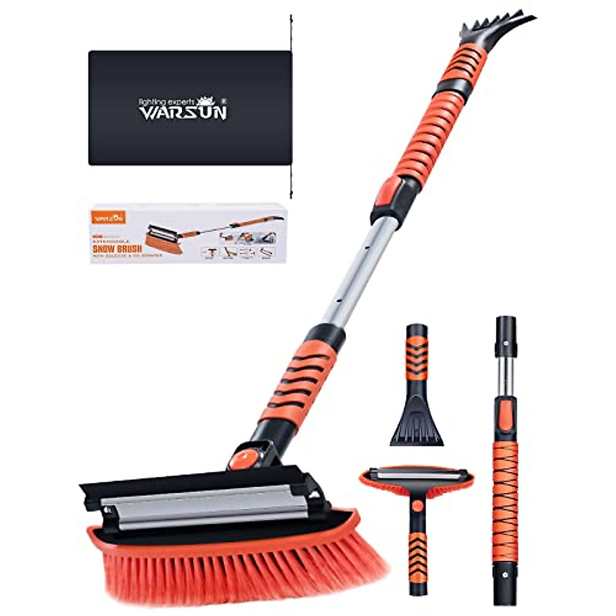 WARSUN 41.5" Snow Brush Ice Scraper for Car Windshield 3 in 1 with Squeegee Extendable Aluminum Handle Adjustable Length 34-41.5" 270° Pivoting Snow Scraper for Car Truck SUV