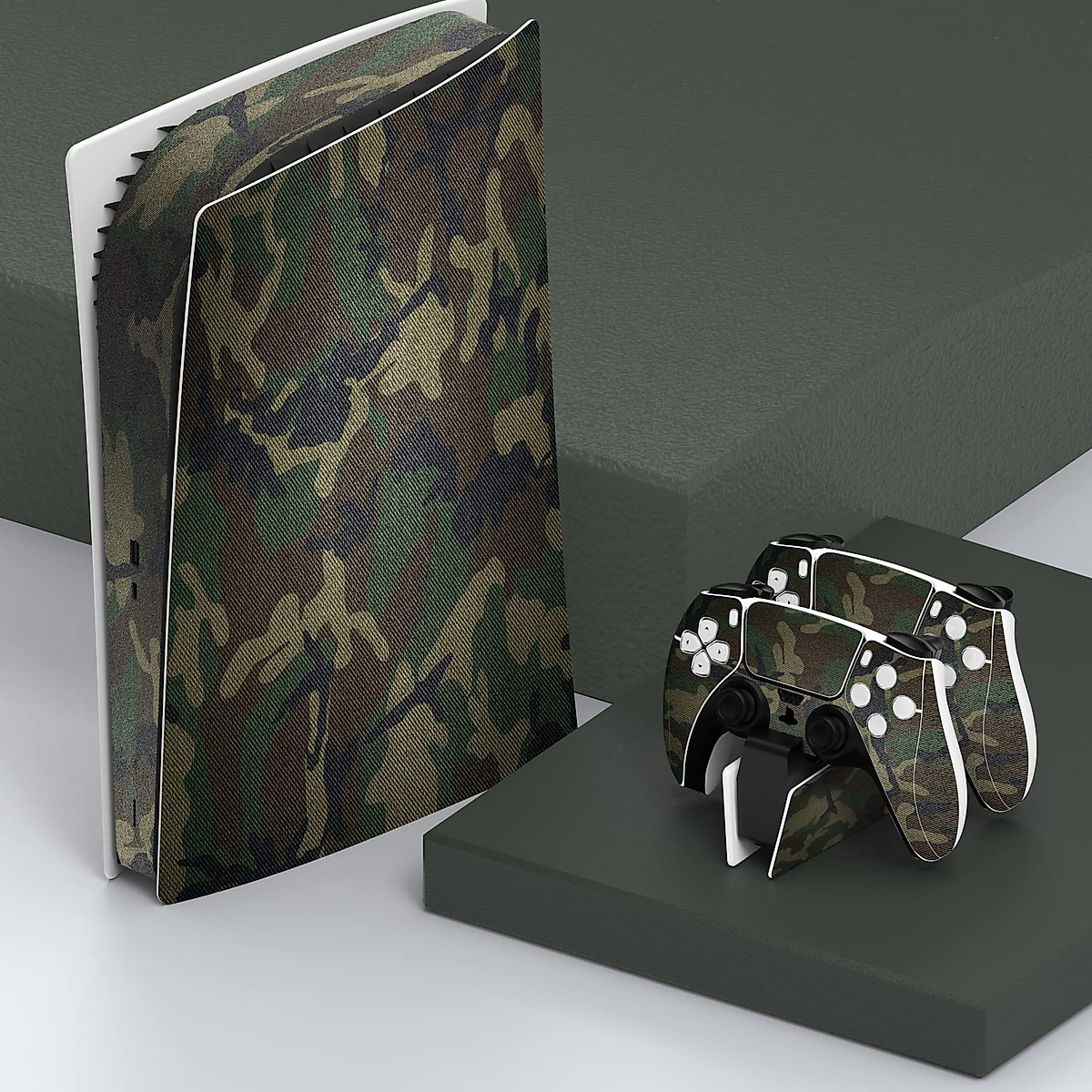 PlayVital Army Green Camouflage Full Set Skin Decal for ps5 Console Digital Edition, Sticker Vinyl Decal Cover for ps5 Controller & Charging Station & Headset & Media Remote