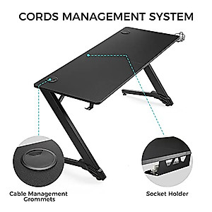 Eureka Ergonomic Gaming Desk 60 inch, Z-Shaped Carbon Fiber Surface Desktop Home Office PC Computer Desk with Mouse Pad, Ergonomic Large Gamer Table with Cup Holder and Headphone Hook for Gaming Room