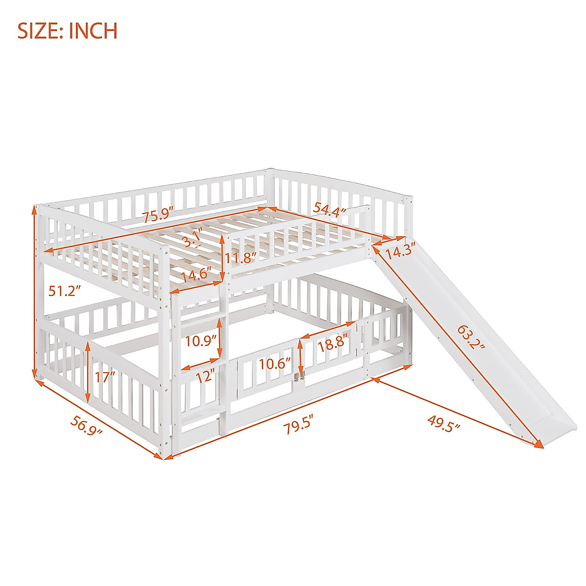 DreamBuck Full Over Full Bunk Bed with Convertible Slide and Ladder, Wood Low Bunk Bed with Fence for Toddler/Kids/Teens, Floor Bunk Bed for Boys/Girls, Space Saving, Easy Assembly, White