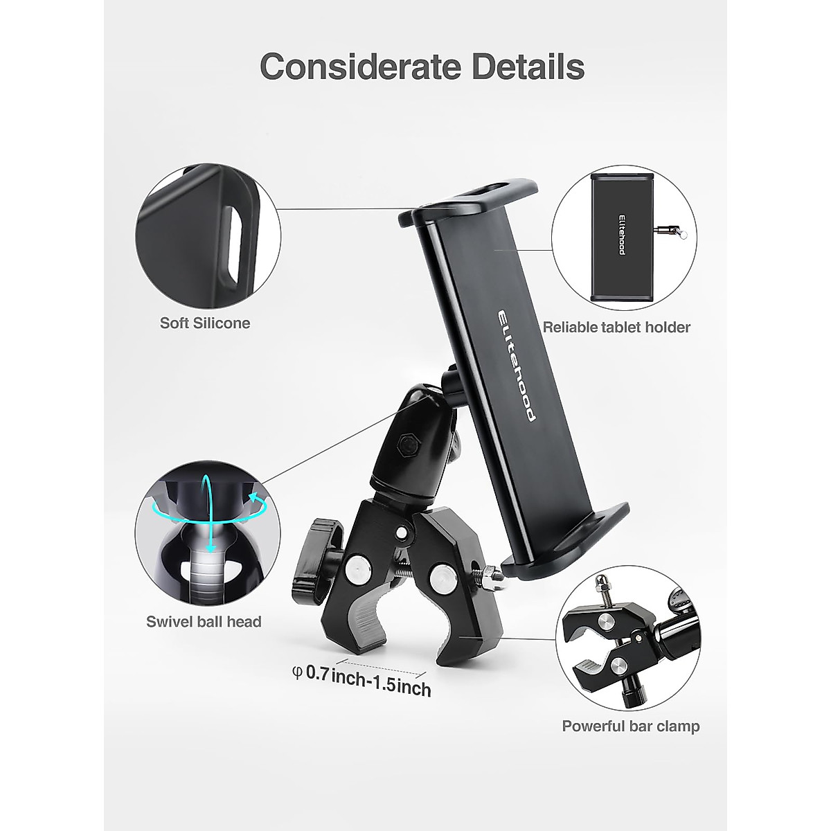 elitehood iPad Holder for Treadmill, Heavy Duty Tablet Holder for Stroller, iPad Bike Mount Compatible with 4.7-12 inches iPad, iPhone, Tablets and Cell Phones