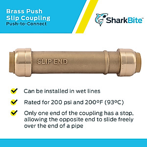 SharkBite 1/2 Inch Slip Coupling, Push to Connect Brass Plumbing Fitting, PEX Pipe, Copper, CPVC, PE-RT, HDPE, U3008LFA