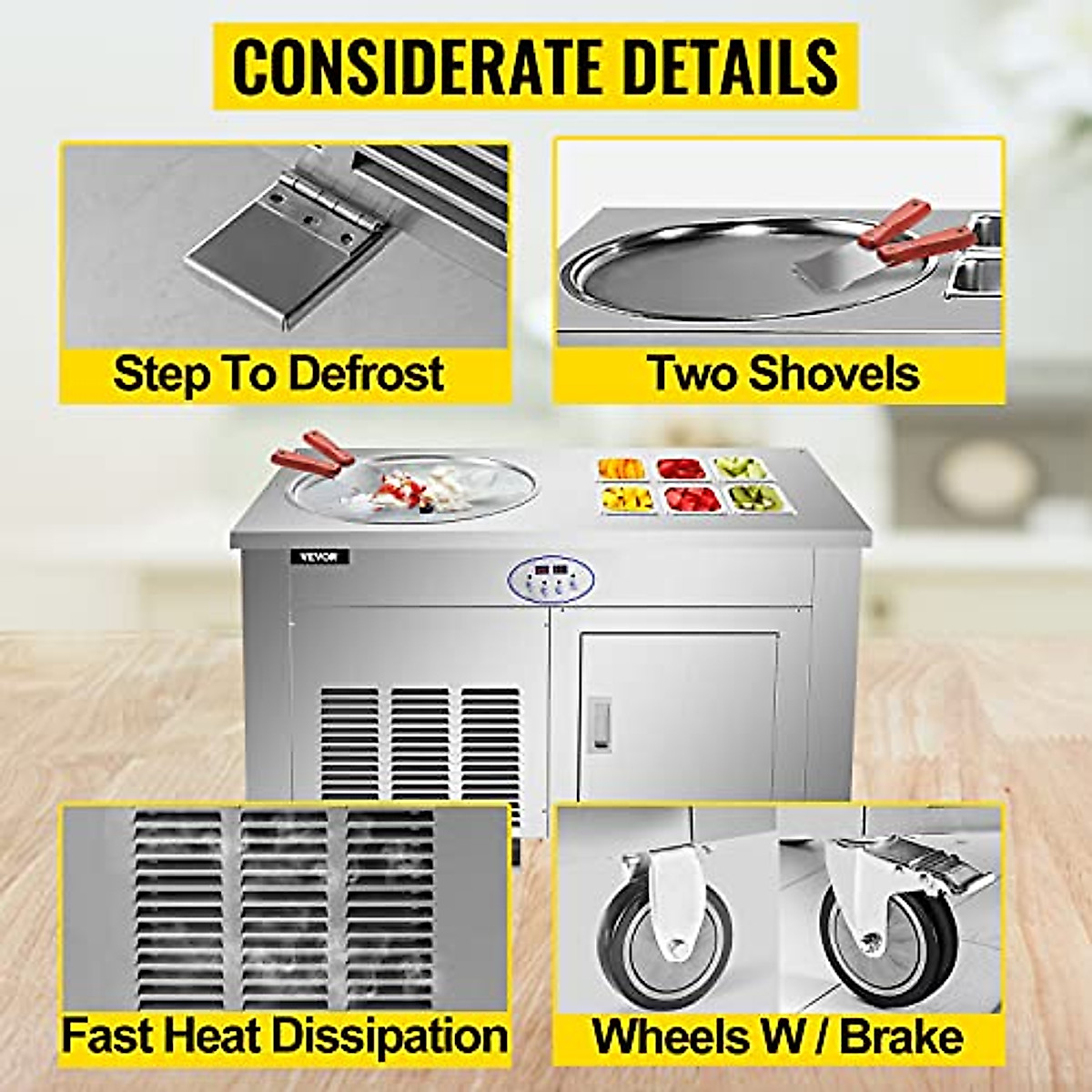 VEVOR Fried Ice Cream Roll Machine, Single Pan Commercial Ice Roll Maker, Stainless Steel Fried Ice Cream Roll Maker w/Refrigerated Cabinet & 6 Boxes, Roll Ice Cream Machine for Bar Cafe Dessert Shop