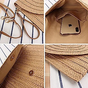 Vanknono Straw Clutch Straw Shoulder Bag for Women, Beach Handmade Straw Crossbody Bag Summer Straw Purses with PomPom for Women, Khaki