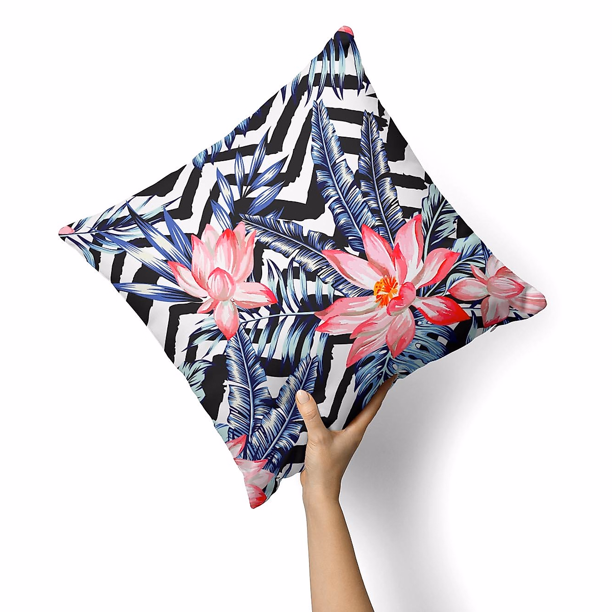 iiRov Summer Design Ink-Fuzed Decorative Throw Pillow - Vivid Tropical Chevron Floral v1