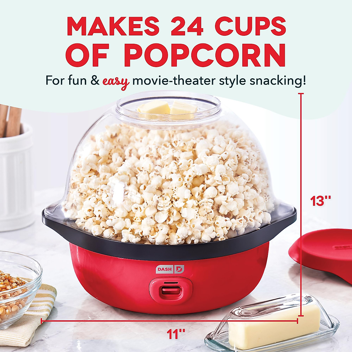 DASH SmartStore™ Deluxe Stirring Popcorn Maker, Hot Oil Electric Popcorn Machine with Large Lid for Serving Bowl and Convenient Storage, 24 Cups – Red