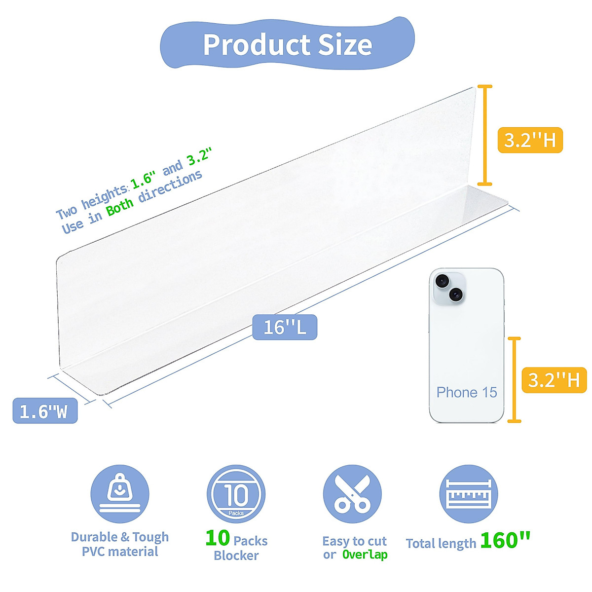 Under Furniture Blocker for Toys, Extra Strength Reusable Blockers with Magical Adhesion Tape, 15.7’’L x 3.2’’H Transparent Blockers for Toys, Non-Marking Removal (10 Pack -3.2’’H x15.7’’L)