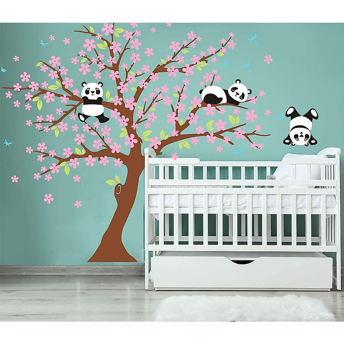 LUCKKYY Three Pandas Plying on Cherry Blossom Trees Branches Wall Decal Tree Wall Decal Tree Wall Sticker Nursery Bedroom Kid Baby Wall Decals Forest Mural Paper Nursery Vinyl Removable (Brownpink+)