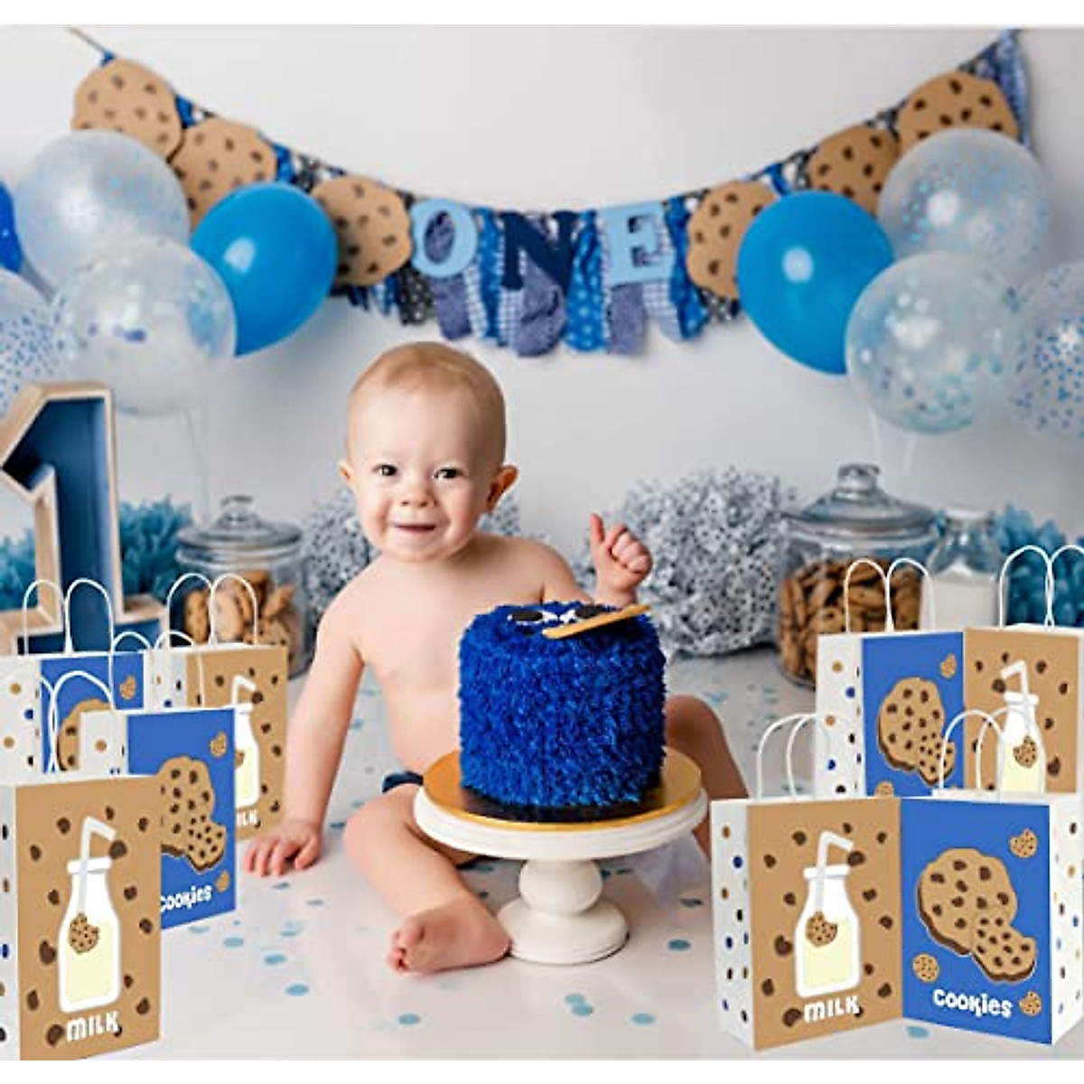 Lsaepon Cookies Milk Birthday Party Favor Gift Bags, Cookie and Monster Theme Birthday Party Goodie Bags- Milk and Cookies Baby Shower Candy Bags for Kids (16 Pack)