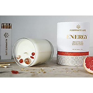 Aluminate Life Luxury Glass Jar Candle, Energy - Red Carnelian Crystal Infused - Scents of Lemon, Grapefruit, & Bergamot - Passion, Confidence, & Vitality - Coconut Wax, Essential Oils, Dr. Developed
