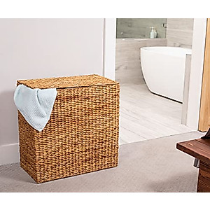 BirdRock Home Water Hyacinth Laundry Hamper Divided Interior (Natural) - Eco Friendly - Made of Hand Woven Hyacinth Fibers - Includes Two Removable Cotton Liners Bag - Wicker Laundry Basket with Lid