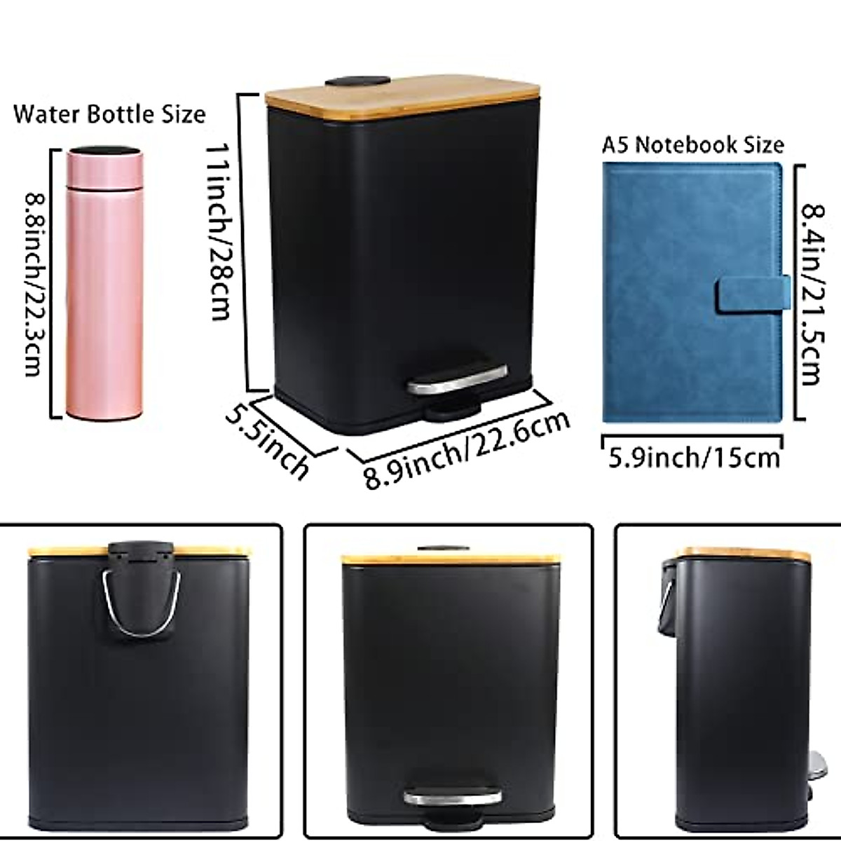 SIDIANBAN Small Trash Can with Bamboo Lid Soft Close and Foot Pedal, 1.3Gal/5L Rectangular Garbage Can with Inner Wastebasket for Bathroom,Bedroom, Office, Kitchen, Black