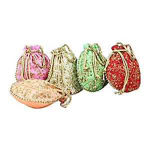GoldGiftIdeas Gold Handcrafted Embroidered Dupion Silk Potli Bags for Women, Potli Pouches for Return Gifts, Fancy Bridal Potli Purse for Wedding, Shagun Potlis (Set of 5)