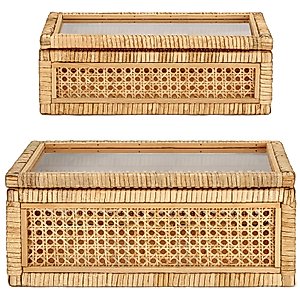 Set of 2 Boho Rectangular Rattan Decorative Boxes with Glass Lids Woven Cane and Rattan Display Boxes with Lids Storage Basket Bins for Home Decor (15.4 x 9.5 x 7.1 Inch, 12.6 x 6.7 x 4.3 Inch)