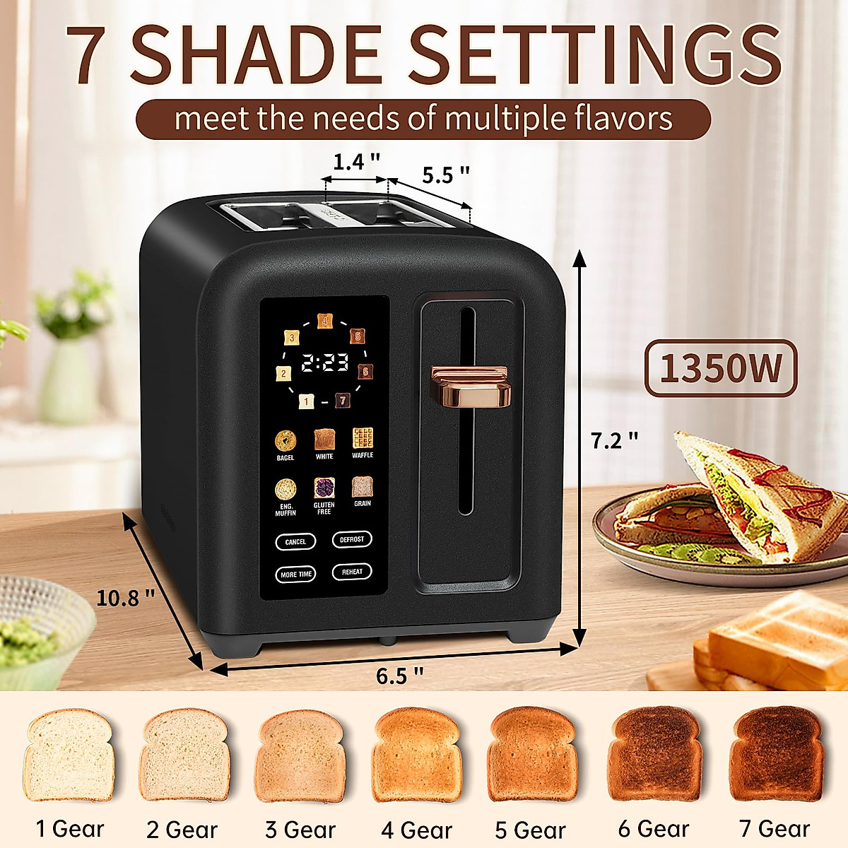 SEEDEEM Toaster 2 Slice, Touch Control Stainless Toaster LCD Display, 50% Faster Heating Speed, 1.4'' Wide Slots, More Timer Functions, Removable Crumb Tray, 1350W, Dark Chocolate