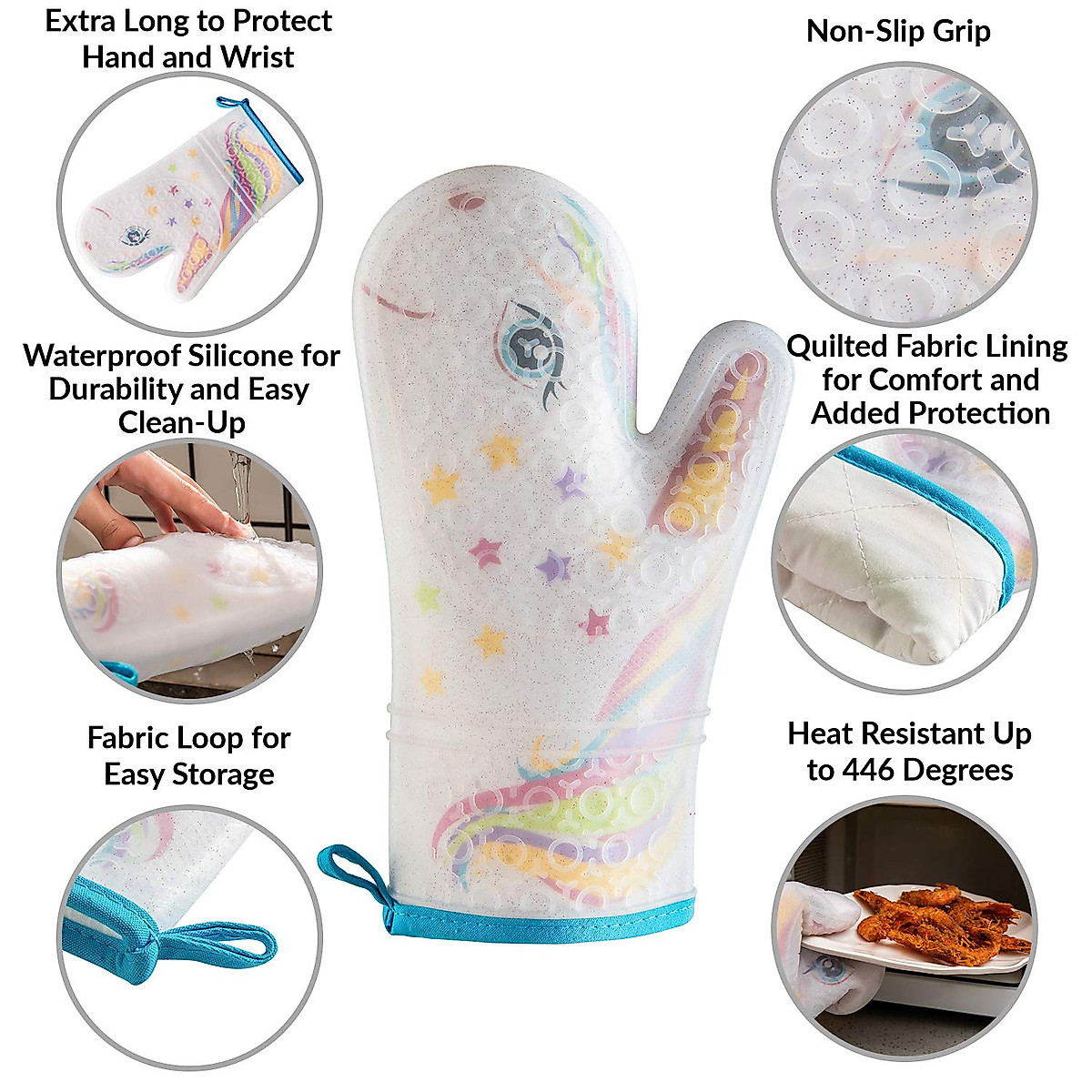 Gears Out Glitter Magic Unicorn Silicone Oven Mitt - Funny Oven Mitts - Heat Resistant Kitchen Glove, Soft Silicone, Quilted Fabric Lining