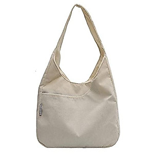 Corduroy Tote Bag for Women Solid Color Snap-Button Fastening Exterior Slip Pocket Single Shoulder Strap Hobo Handbag (Beige)