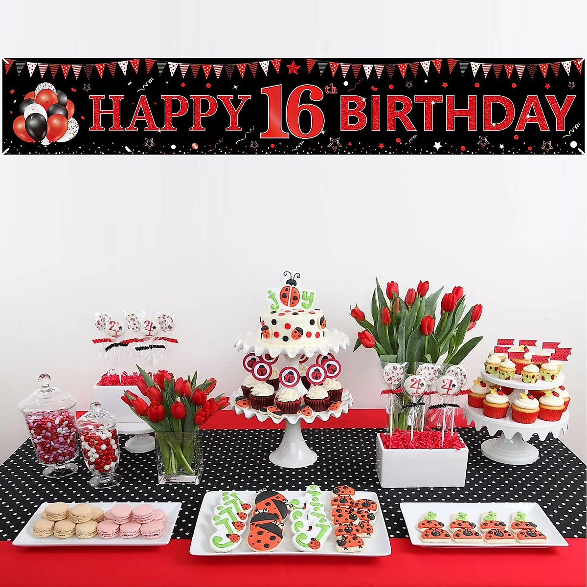 Red Black 16th Birthday Banner Decorations for Boys Girls, Black and Red Happy 16 Birthday Yard Banner Sign Party Supplies, Large Sixteen Year Old Birthday for Outdoor Indoor (9.8x1.6ft)