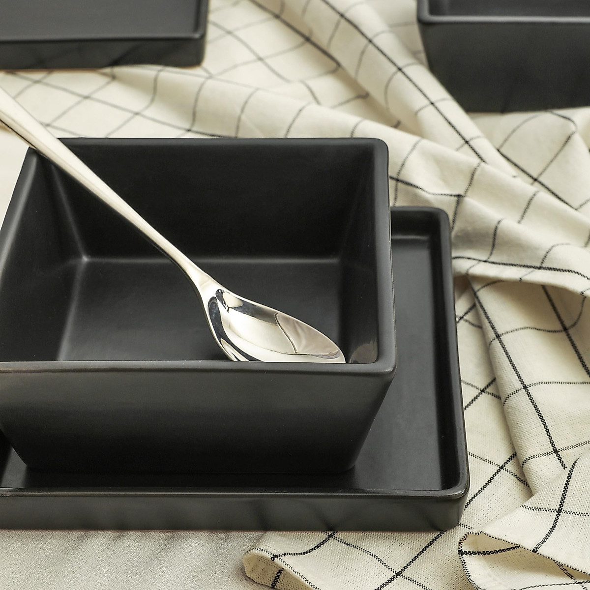 Stone Lain 24 Pieces Stoneware Square Dinnerware Set, Black Matte