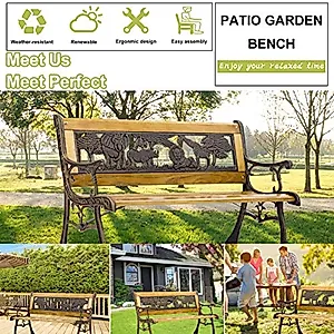 Tffnew Kids Mini Sized Park Outdoor Bench for Outside Clearance Garden Bench Antique Animals Style Wooden Patio Bench with Armrests Sturdy Steel Frame Furniture for 1-3 Teenagers Children Kids