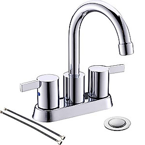 4 Inch 2 Handle Centerset Chrome Lead-Free Bathroom Faucet, Swivel Spout with Copper Pop Up Drain and 2 Water Supply Lines, BF015-1-C