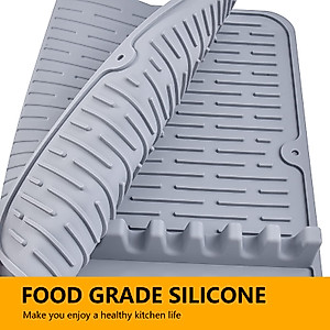 VENMATE Silicone Dish Drying Mats for Kitchen Counter, Heat Resistant Mat, Spoon Rest, Utensil Rest spatula holder with Drip Mat, Sink Mat with Cooking Spoon Holder(Grey(19" x 14"))