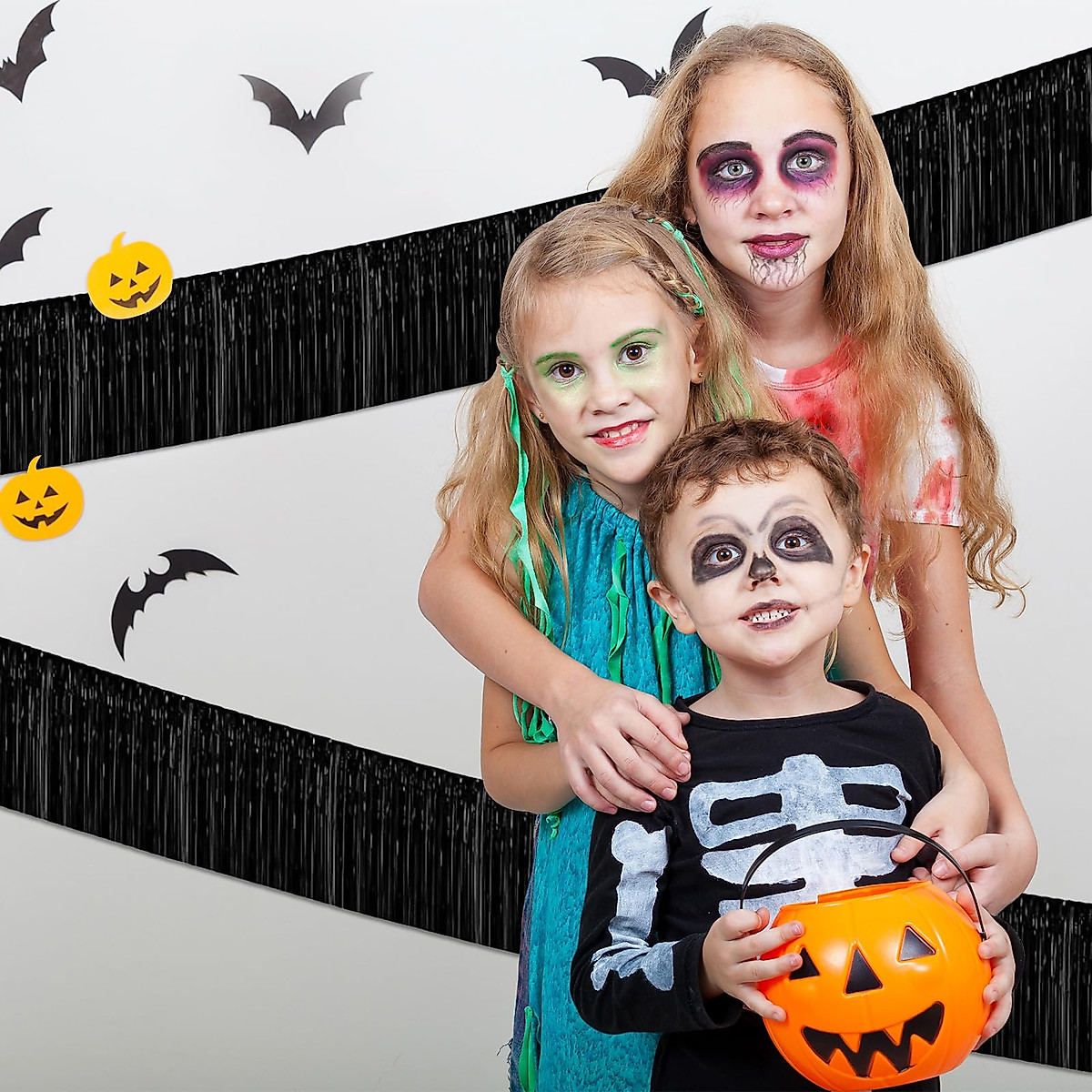 6 Pack 10 Feet Black Foil Fringe Garland Metallic Foil Tinsel Streamers, Wall Hanging Fringe Curtain Backdrop Tinsel Fringe Banner for Parade Floats, Wedding, Birthday, Halloween Party Decorations