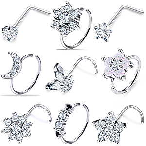 Oicctyzio Nose Rings Hoops Piercings for Women Studs Piercing Jewelry Surgical Stainless Steel 20g Corkscrew l Shaped Screw Shape Cork Bar Big Dainty Curved Stuf 20 Gauge Butterfly Opal Heart