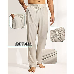 Ficerd 2 Pcs Men's Drawstring Linen Pants Men Casual Beach Trousers with Pocket Lightweight Elastic Yoga Pant (Black, Khaki, Small)