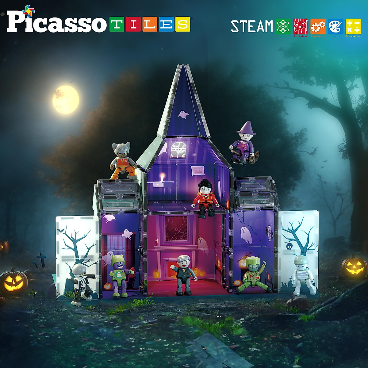 PicassoTiles Haunted House Theme Magnet Tile Building Blocks 8 Action Figures Magnetic Construction Toy Double Sided Printing Education STEM Learning Playset Halloween Adventure Kid Ages 3+ PTQ03