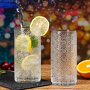 Vintage Glassware Highball Drinking Glasses - 13 Oz Cocktail Glasses Set of 6 Floral Glass Cups Embossed Cocktail Juice Water Coffee Cups - Lead-Free & Dishwasher Safe - Ideal Gifts